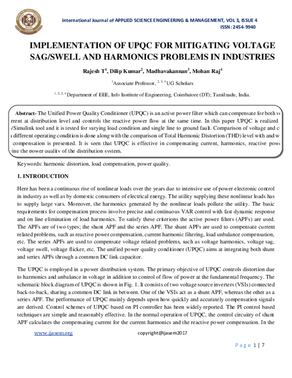Pdf Implementation Of Upqc For Mitigating Voltage Sagswell And