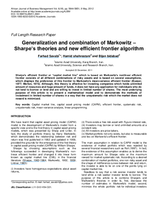 (PDF) Generalization and combination of Markowitz – Sharpe’s theories ...