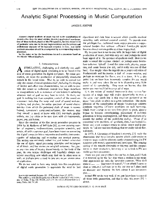 (PDF) Analytic signal processing in music computation | James Justice ...