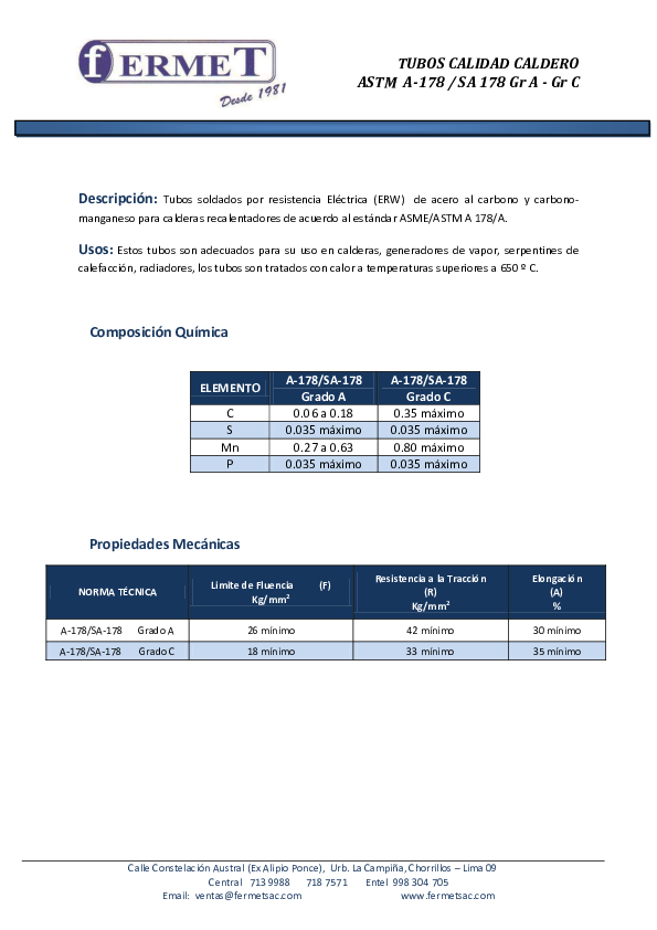 (PDF) TUBOS CALIDAD CALDERO ASTM A-178 / SA 178 Gr A -Gr C