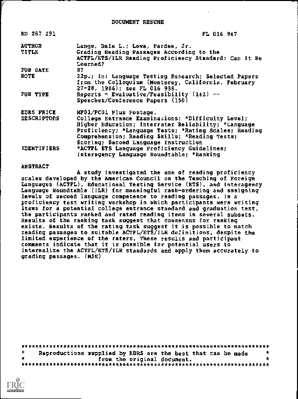 (PDF) Grading Reading Passages According to the ACTFL/ETS/ILR Reading ...