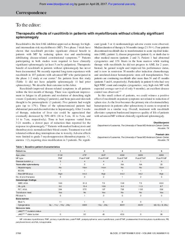 (PDF) Therapeutic effects of ruxolitinib in patients with myelofibrosis ...