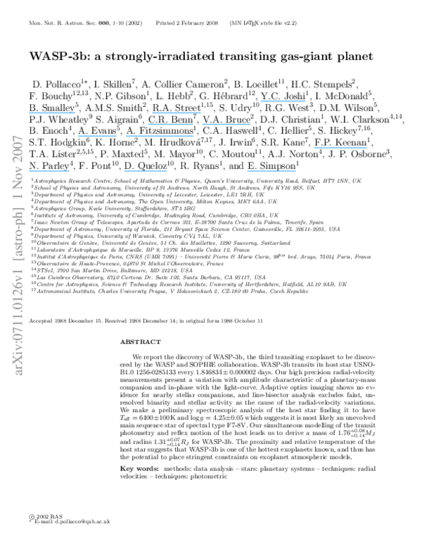 (PDF) WASP-3b: a strongly irradiated transiting gas-giant planet