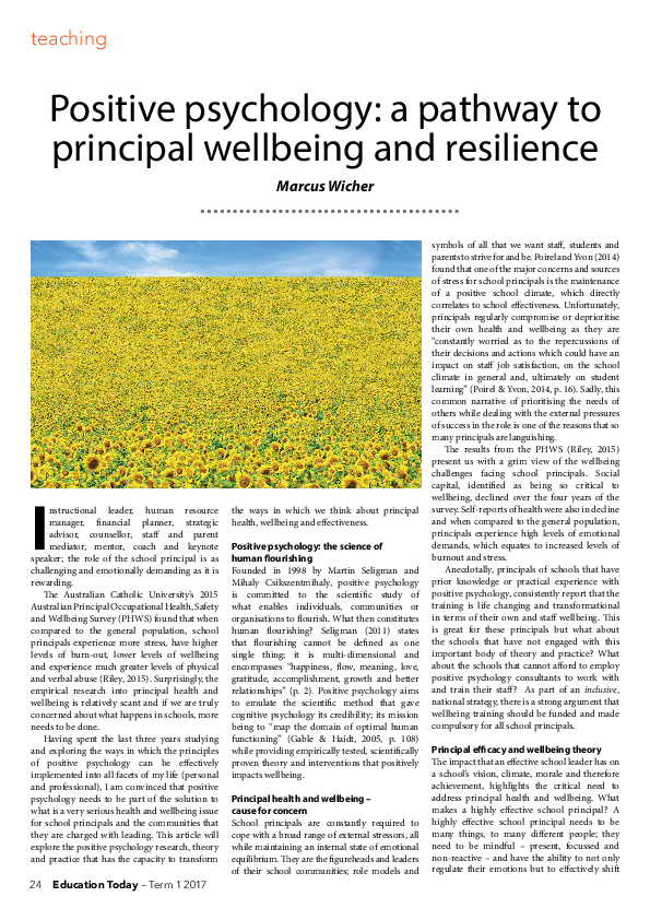 (PDF) Positive Psychology A Pathway to Principal WEllbeing and ...