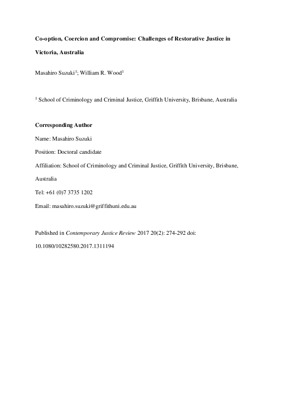 (PDF) Co-Option, Coercion and Compromise: Challenges of Restorative Justice in Victoria