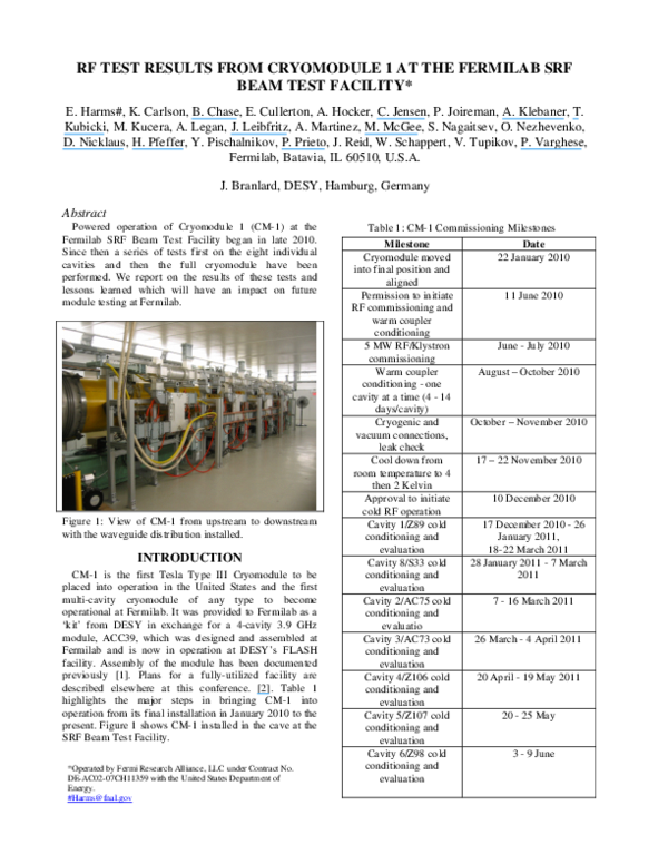 (PDF) RF Test Results from Cryomodule 1 at the Fermilab SRF Beam Test ...
