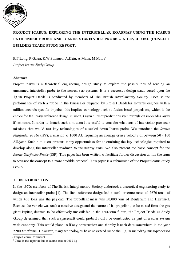 (PDF) PROJECT ICARUS: EXPLORING THE INTERSTELLAR ROADMAP USING THE ...
