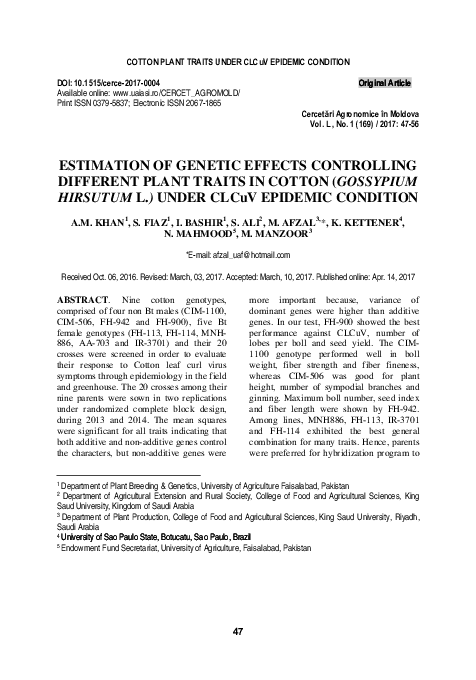 (PDF) COTTON PLANT TRAITS UNDER CLCuV EPIDEMIC CONDITION ESTIMATION OF ...