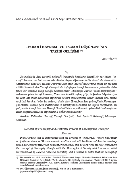 (PDF) Teosofi Kavramı ve Teosofi Düşüncesinin Tarihi Gelişimi