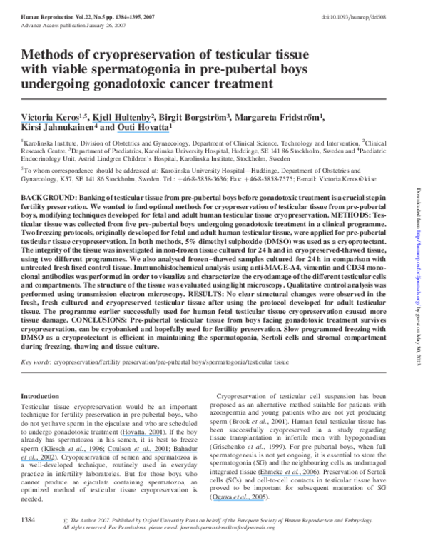 (PDF) Methods of cryopreservation of testicular tissue with viable ...