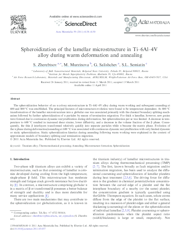 (PDF) Spheroidization of the lamellar microstructure in Ti–6Al–4V alloy during warm deformation ...