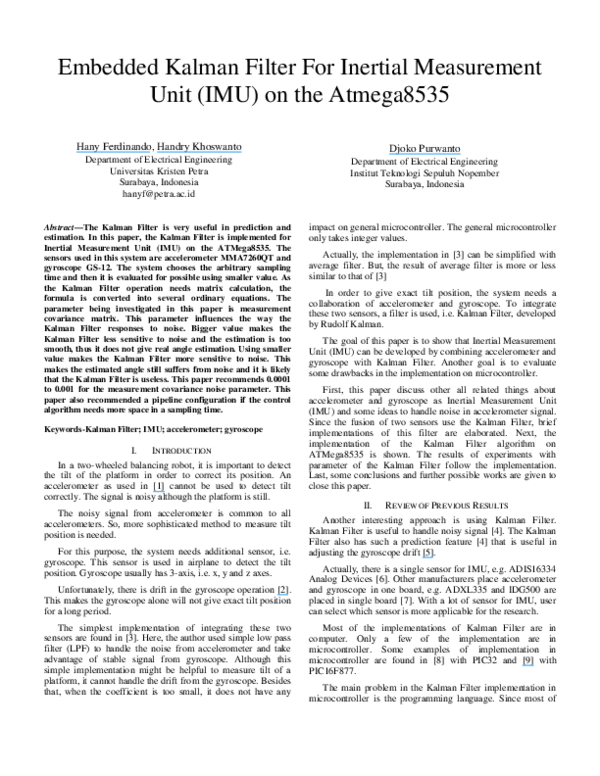 Pdf Embedded Kalman Filter For Inertial Measurement Unit Imu On The