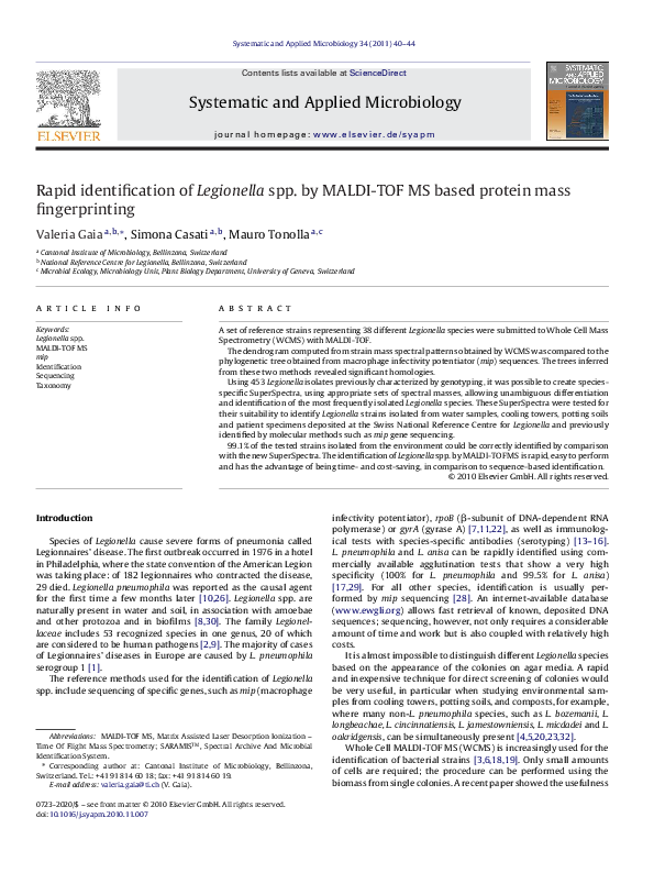 (PDF) Rapid identification of Legionella spp. by MALDI-TOF MS based protein mass fingerprinting