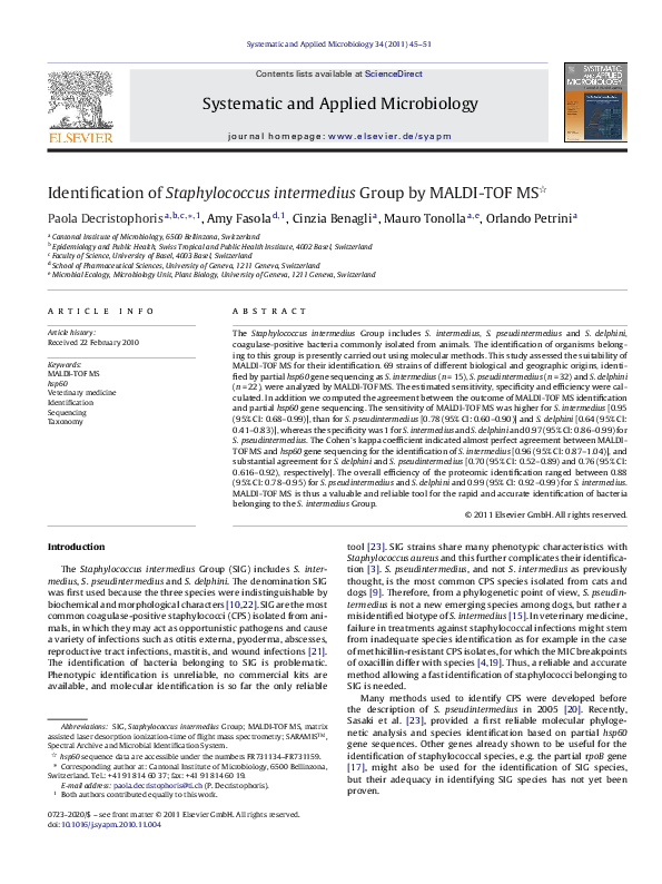 (PDF) Identification of Staphylococcus intermedius Group by MALDI-TOF MS