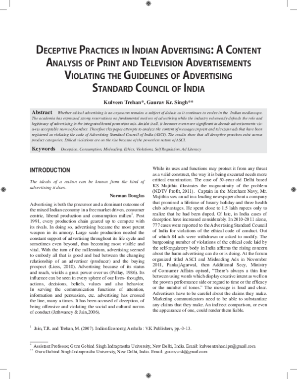 (PDF) Deceptive practices in inDian aDvertising: a content analysis of print anD television ...