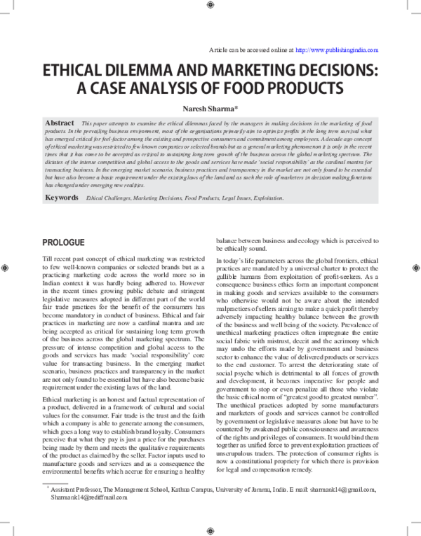 (PDF) ETHICAL DILEMMA AND MARKETING DECISIONS: A CASE ANALYSIS OF FOOD ...