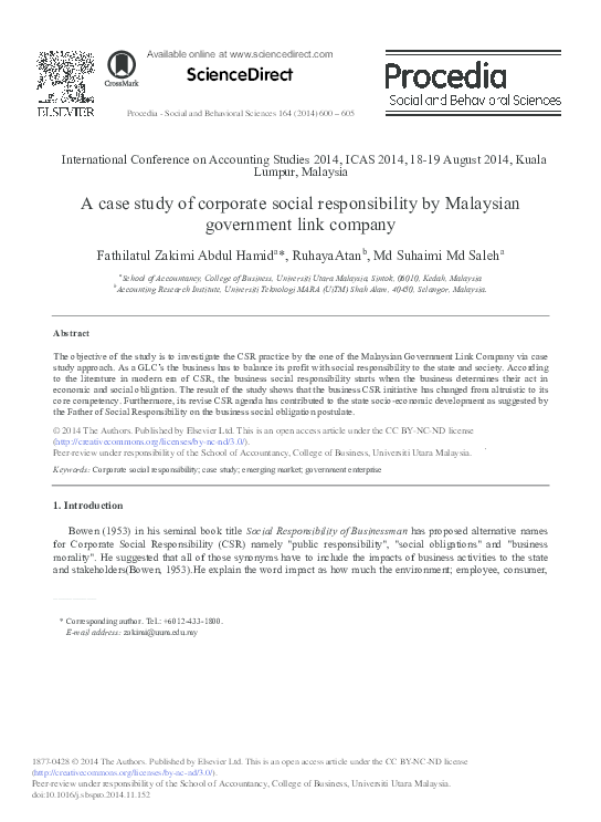 (PDF) A case study of corporate social responsibility by Malaysian ...