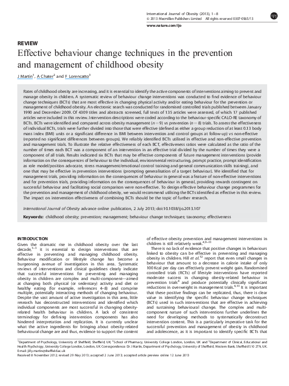 (PDF) Effective behaviour change techniques in the prevention and ...