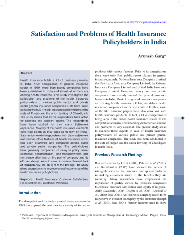 (PDF) Satisfaction and Problems of Health Insurance Policyholders in India