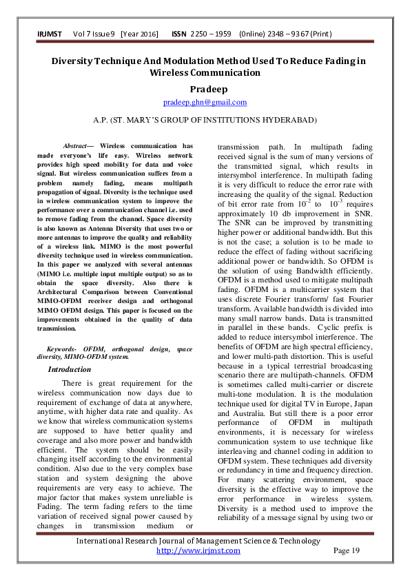 Pdf Diversity Technique And Modulation Method Used To Reduce Fading In Wireless Communication