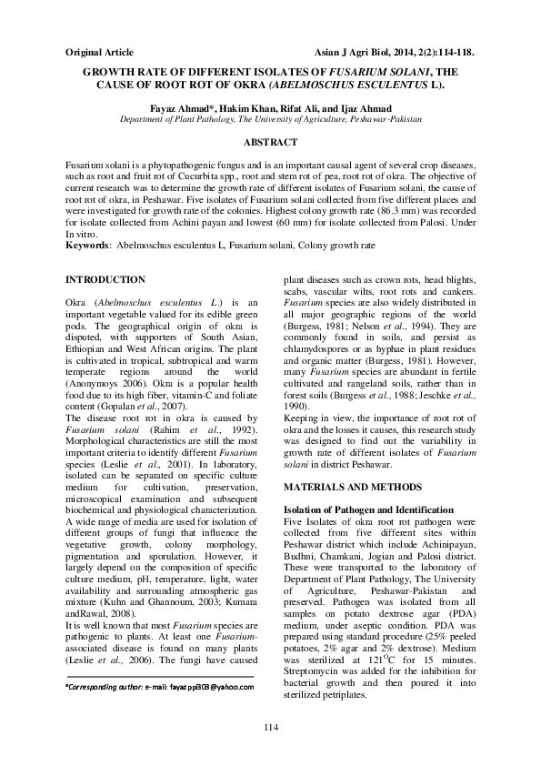 (PDF) GROWTH RATE OF DIFFERENT ISOLATES OF FUSARIUM SOLANI, THE CAUSE ...