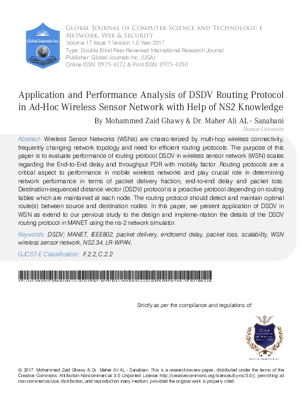 Pdf Application And Performance Analysis Of Dsdv Routing Protocol In Ad Hoc Wireless Sensor