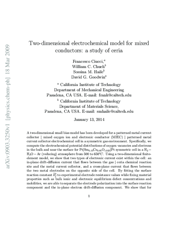 (PDF) Two-dimensional electrochemical model for mixed conductors: a study of ceria