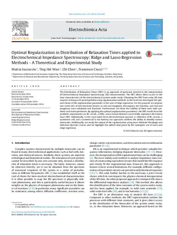 (PDF) Optimal Regularization in Distribution of Relaxation Times applied to Electrochemical ...