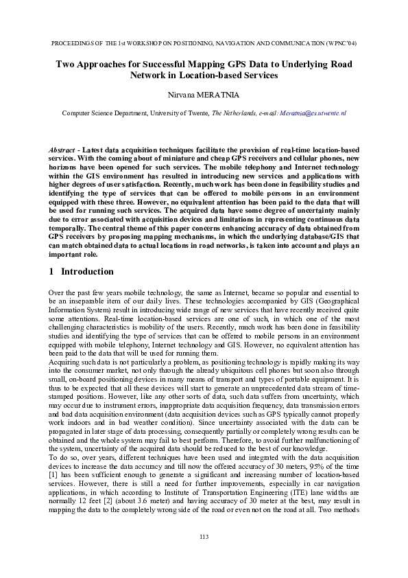 (PDF) Two approaches for successful mapping gps data to underlying road network in location ...