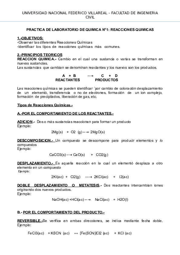 (DOC) PRACTICA DE LABORATORIO DE QUIMICA N°1: REACCIONES QUIMICAS