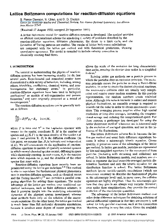 Pdf Lattice Boltzmann Computations For Reaction Diffusion Equations