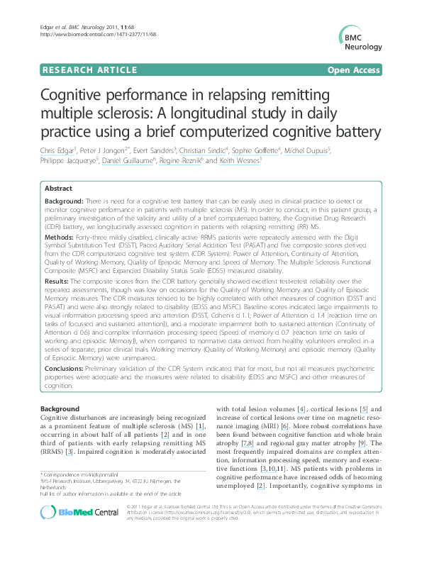 (PDF) Cognitive performance in relapsing remitting multiple sclerosis ...
