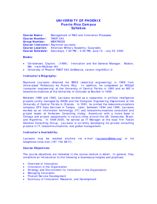 (PDF) Management of R&D and Innovation Processes (Course Syllabus)
