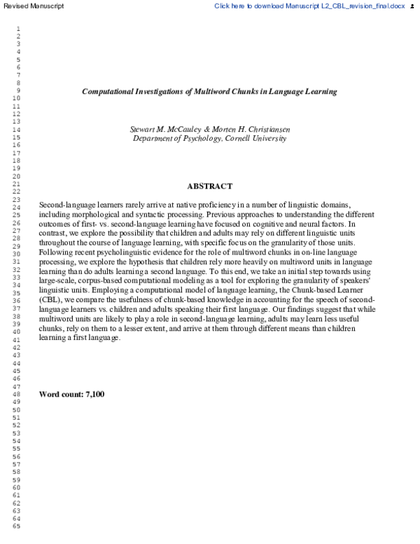 (PDF) Computational investigations of multiword chunks in language learning