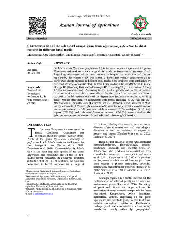 Pdf Characterization Of The Volatile Oil Compositions From Hypericum Perforatum L Shoot
