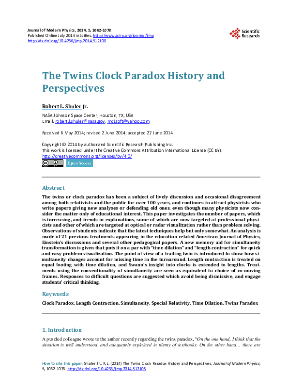 (PDF) The Twins Clock Paradox History and Perspectives