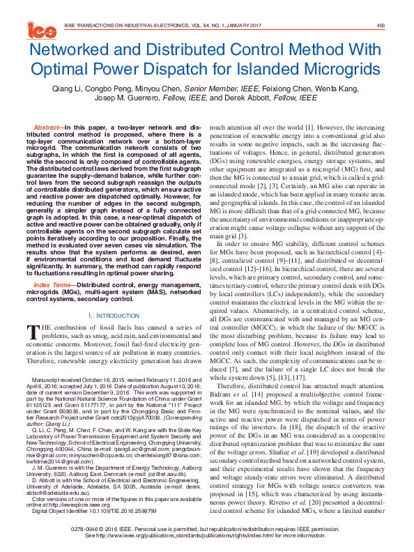(PDF) Networked and Distributed Control Method With Optimal Power Dispatch for Islanded Microgrids