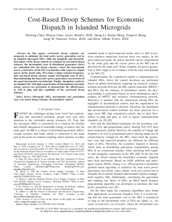 (PDF) Cost-Based Droop Schemes for Economic Dispatch in Islanded Microgrids