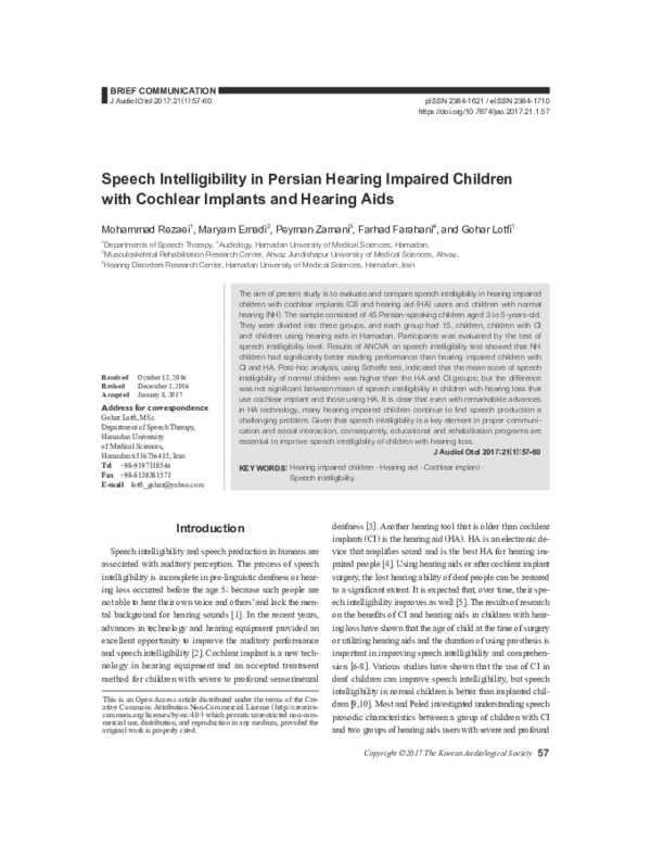 (PDF) Speech Intelligibility in Persian Hearing Impaired Children with ...