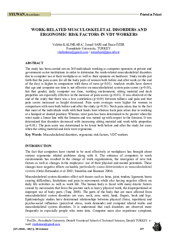 (PDF) WORK-RELATED MUSCULOSKELETAL DISORDERS AND ERGONOMIC RISK FACTORS ...