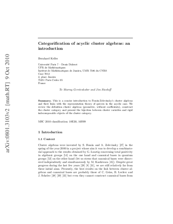 Pdf Categorification Of Acyclic Cluster Algebras An Introduction