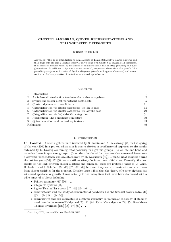(PDF) Cluster algebras, quiver representations and triangulated categories