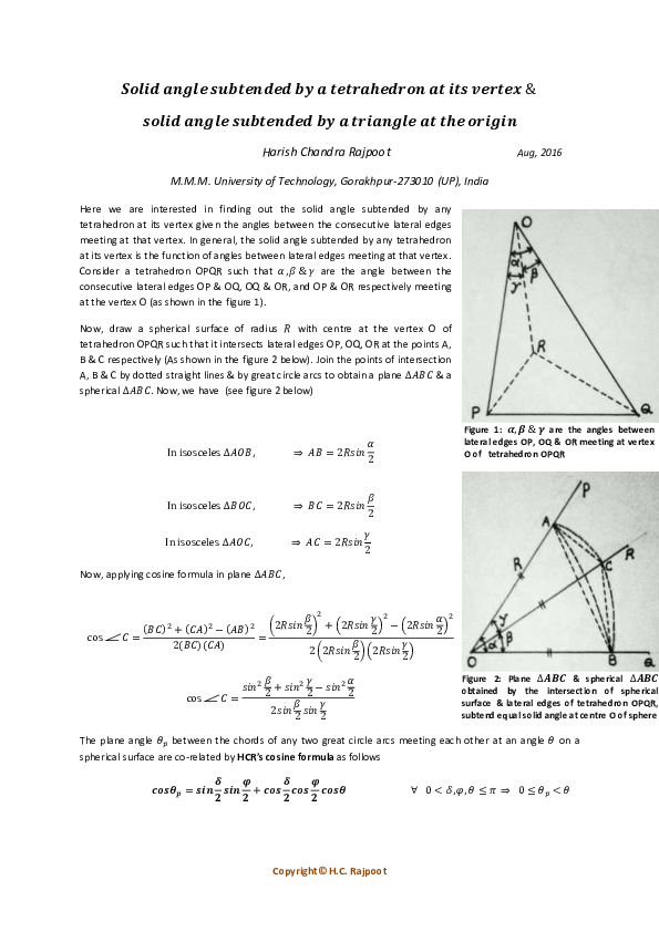 (PDF) Solid angle subtended by a tetrahedron at its vertex given the angles between the ...