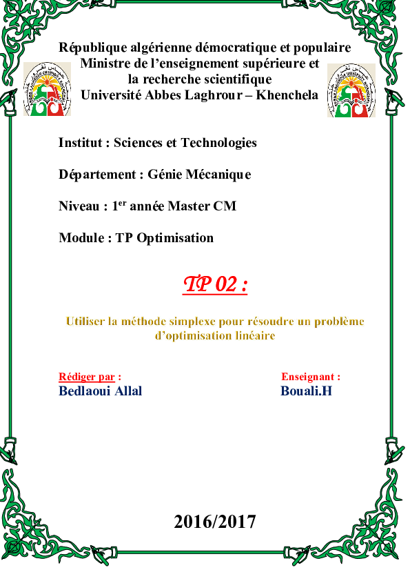 (PDF) Utiliser la methode simplexe pour resoudre un probleme d ...