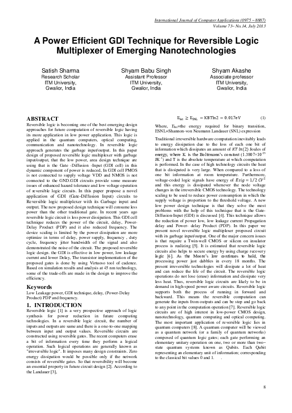 Pdf A Power Efficient Gdi Technique For Reversible Logic Multiplexer