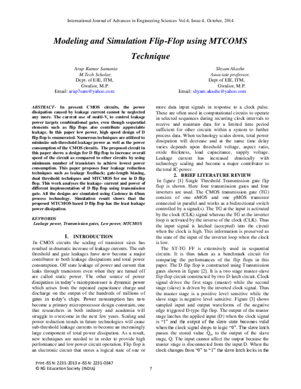 Pdf Modeling And Simulation Of D Flip Flop Using Mtcmos Technique 9138