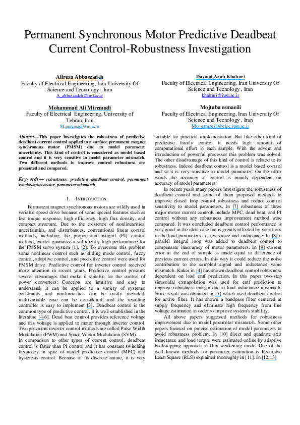 Pdf Permanent Synchronous Motor Predictive Deadbeat Current Control Robustness Investigation