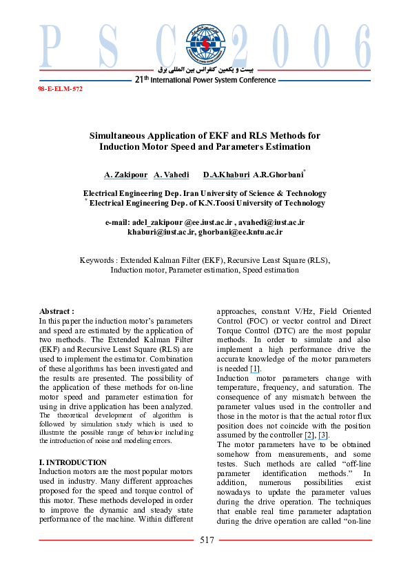 Pdf Simultaneous Application Of Ekf And Rls Methods For Induction Motor Speed And Parameters