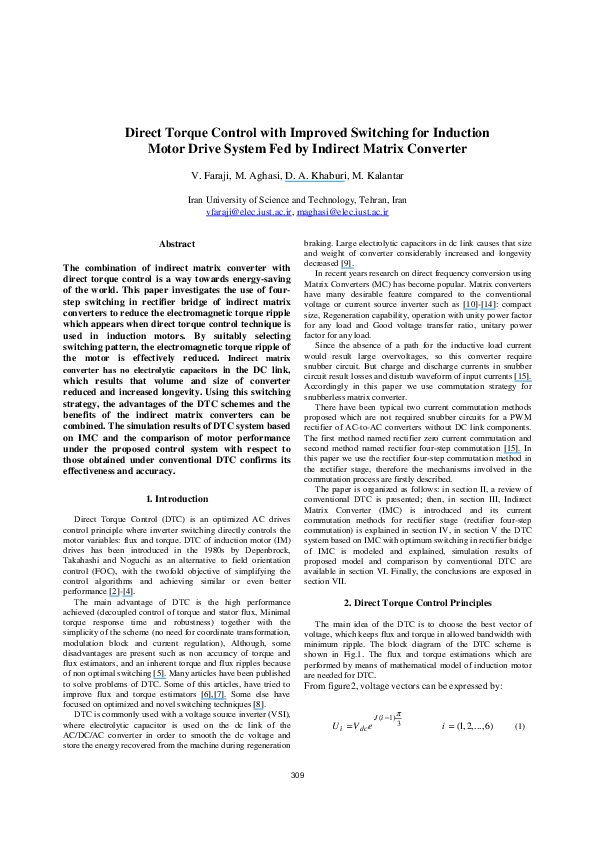 Pdf Direct Torque Control With Improved Switching For Induction Motor