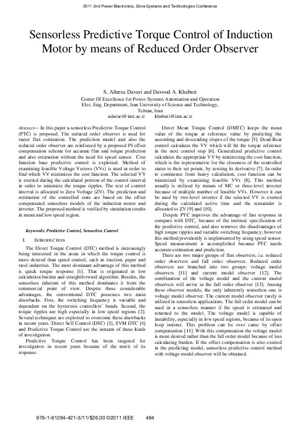 Pdf Sensorless Predictive Torque Control Of Induction Motor By Means Of Reduced Order Observer